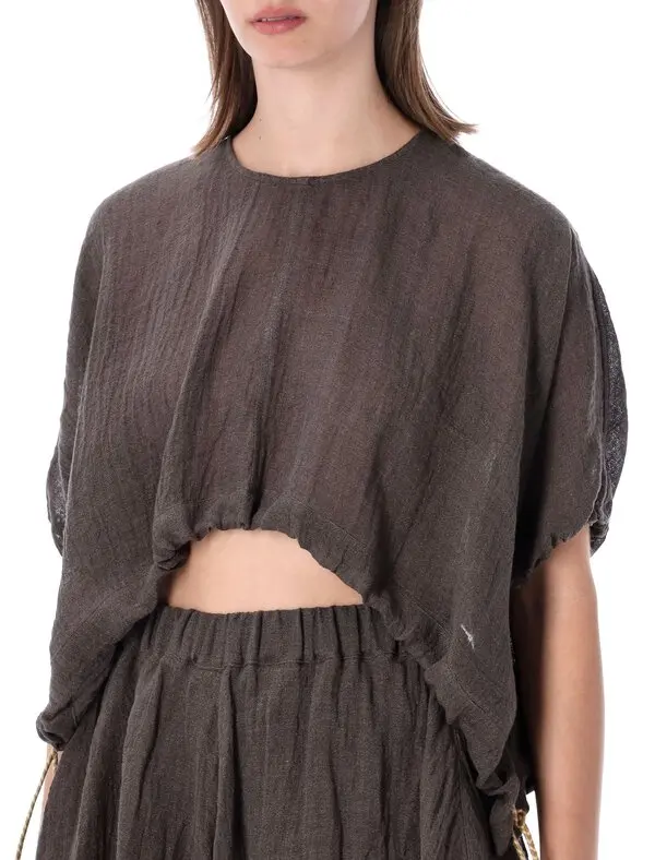 120% Lino Crinkled Linen Cropped Blouse With Drawstring Hem