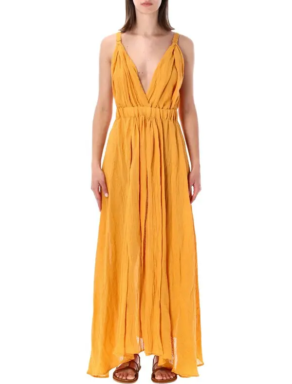 120% Lino Maxi Dress With V-neck And Open Back - Zafferano