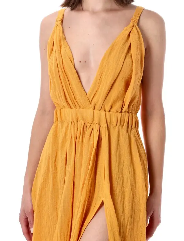 120% Lino Maxi Dress With V-neck And Open Back