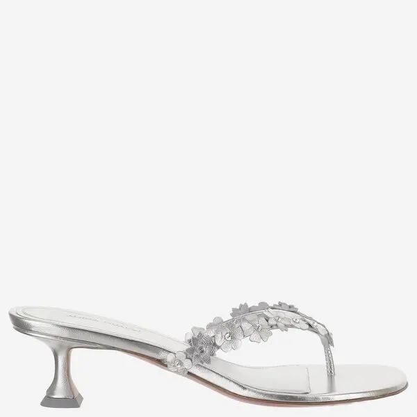 Amina Muaddi Janis Leather Sandals With Floral Appliqu - Silver