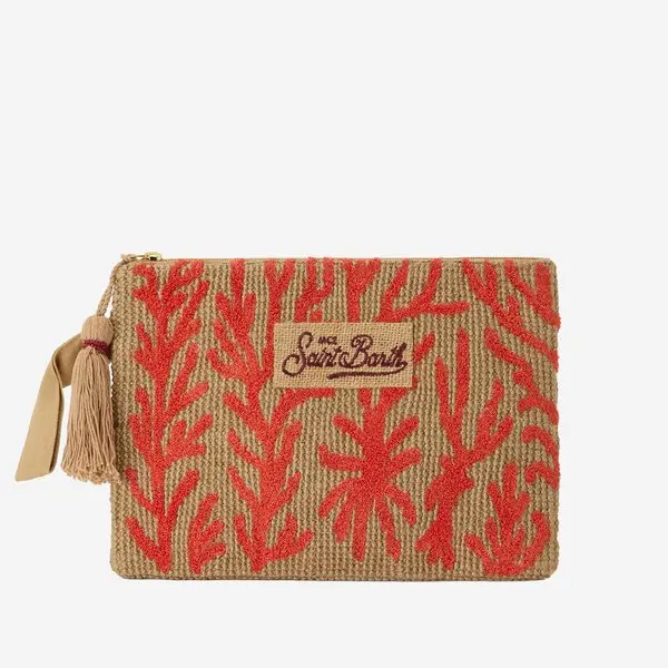 MC2 SAINT BARTH Jute Clutch With Embroidered Coral Pattern