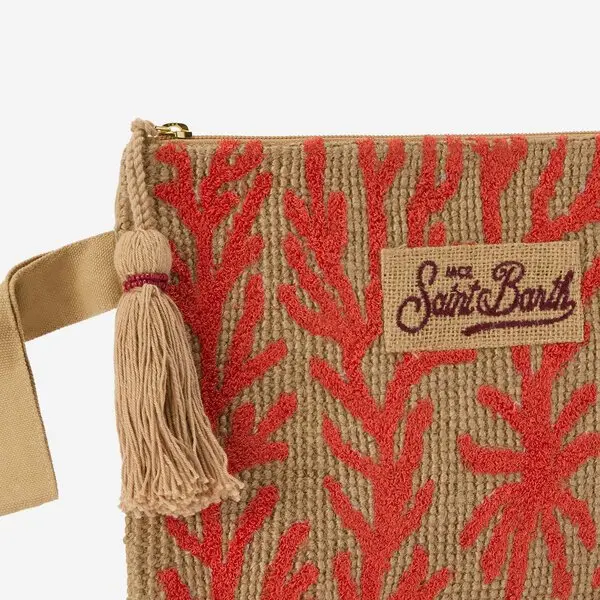 MC2 SAINT BARTH Jute Clutch With Embroidered Coral Pattern