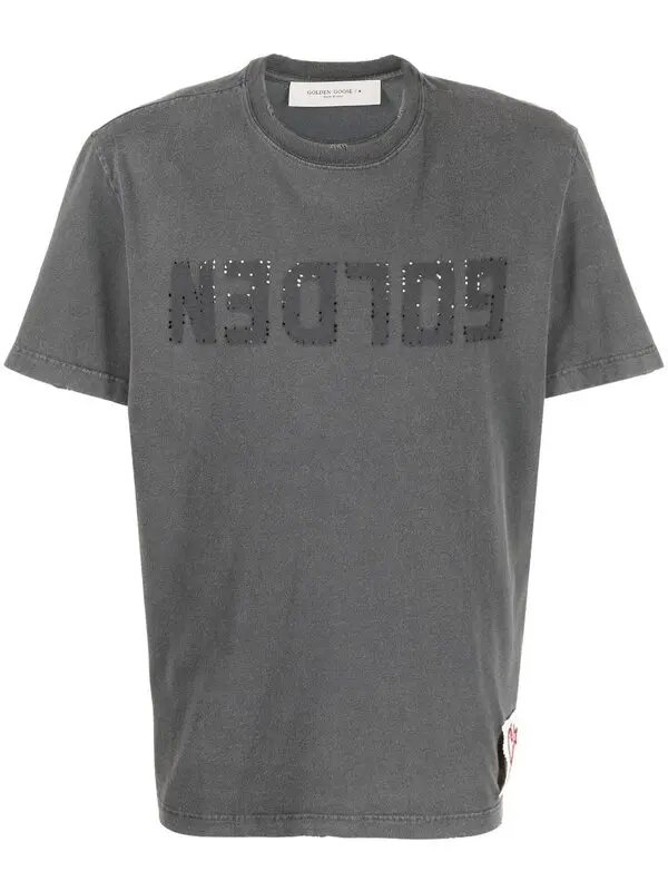 GOLDEN GOOSE Golden M's Regular T Shirt Distressed Cotton Jersey With Logo - Anthracite