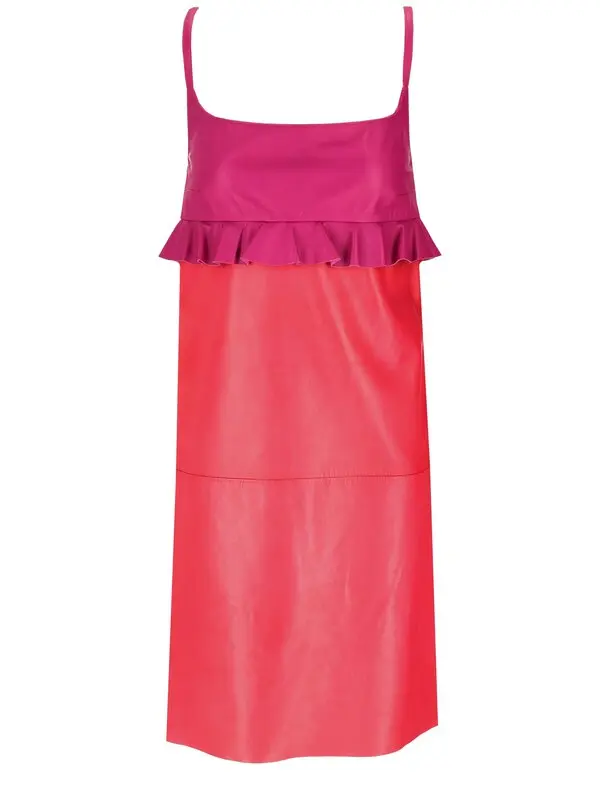 LA ROSE Two-tone Leather Ruffled Midi Dress - Fuxia
