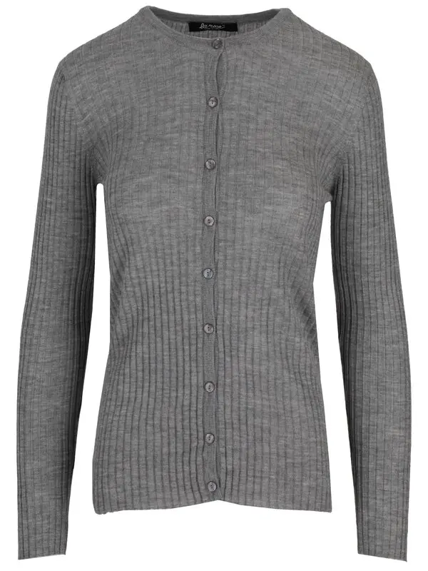 LA ROSE Cashmere Silk Ribbed Round Neck Cardigan - Grigio