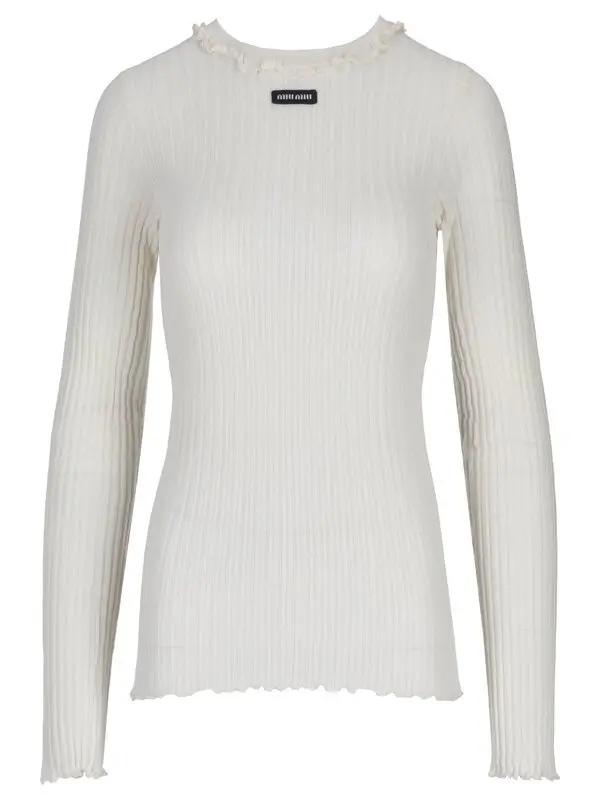 Miu Miu Ribbed Knit Top With Ruffled Neckline - Bianco