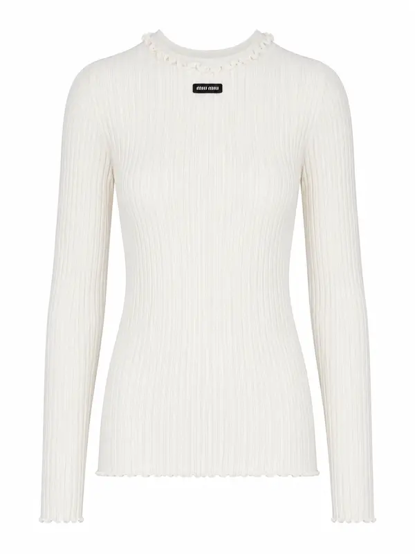 Miu Miu Ribbed Knit Top With Ruffled Neckline - Bianco
