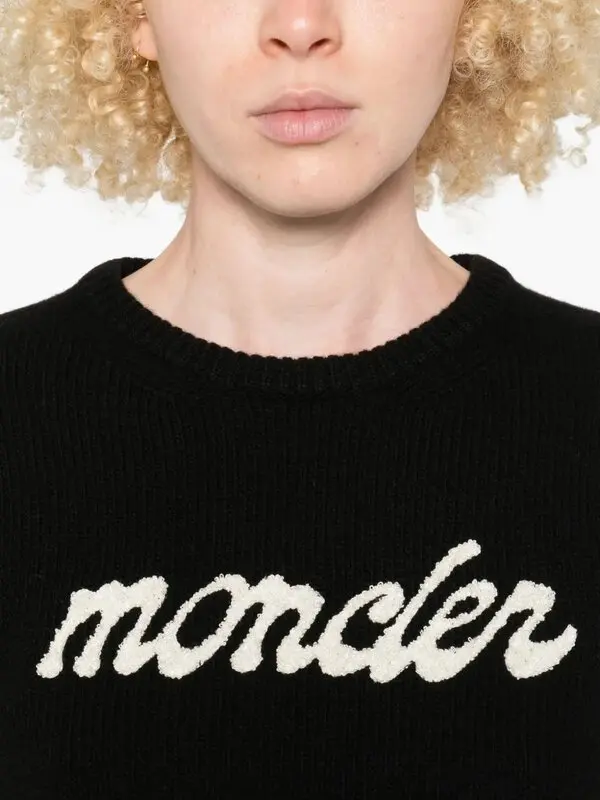 Moncler Crew Neck Wool Knit Sweater With Embroidered Logo