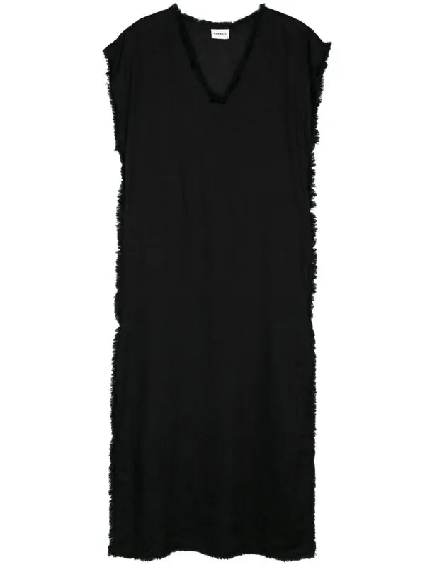 PAROSH Frayed Linen Midi Dress - Nero