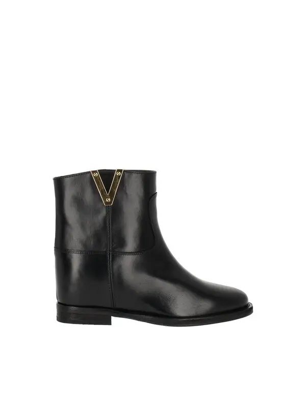 VIA ROMA 15 Black Leather Ankle Boots With Gold Tone V Detail