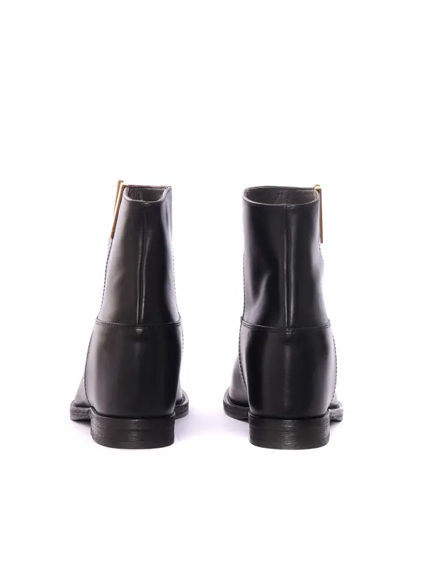 VIA ROMA 15 Black Leather Ankle Boots With Gold Tone V Detail