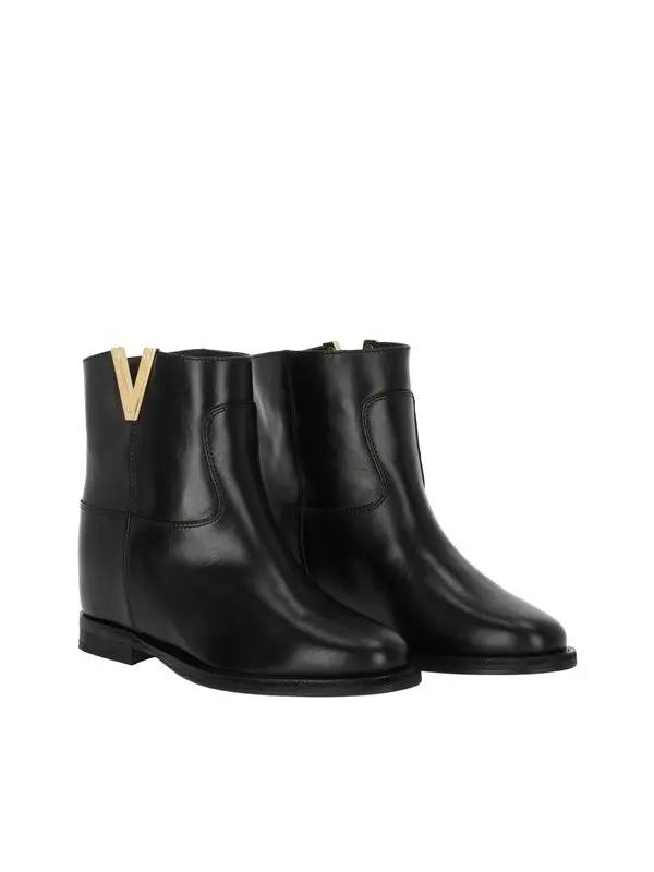 VIA ROMA 15 Black Leather Ankle Boots With Gold Tone V Detail
