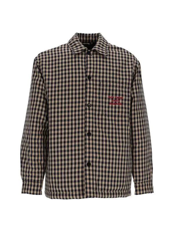 DR�LE DE MONSIEUR Drôle De Monsieur Beige Check Overshirt With Slogan Print
