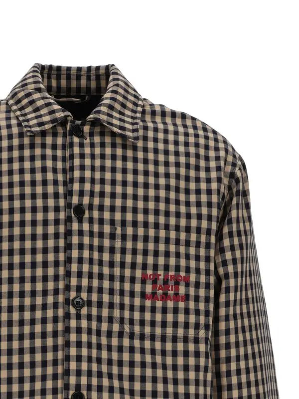 DR�LE DE MONSIEUR Drôle De Monsieur Beige Check Overshirt With Slogan Print