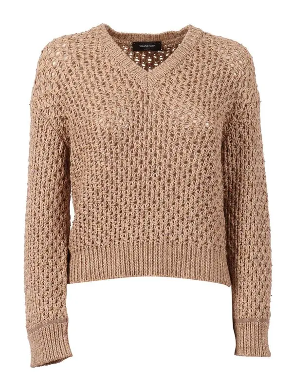 Fabiana Filippi V-neck Crochet Knit Sweater - Red