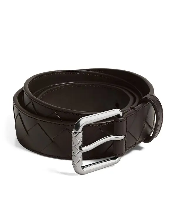Bottega Veneta Leather Intrecciato Buckle Belt - Brown