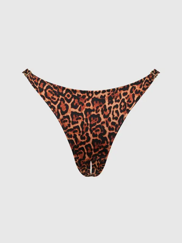 Frederick's Of Hollywood Rising Star Liquid Satin Crotchless Tanga - Leopard