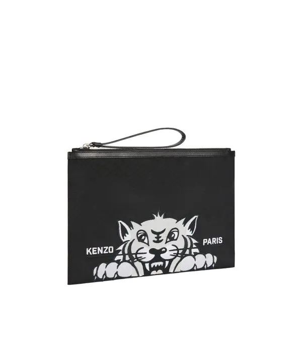 Kenzo Varsity Zipped Clutch Bag With Tiger Pattern - Black