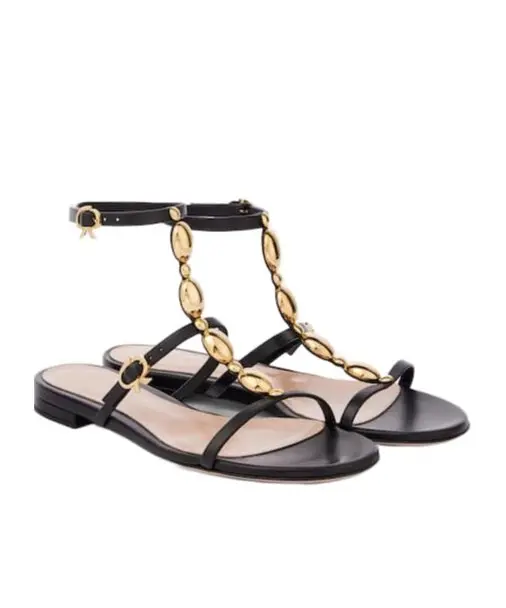 GIANVITO ROSSI Metallic Chain T-strap Flat Sandals - Black