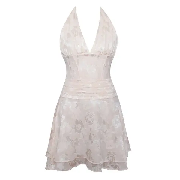MISS CIRCLE NEW YORK Jacquard Textured Slit Halter Mini Dress - White/red