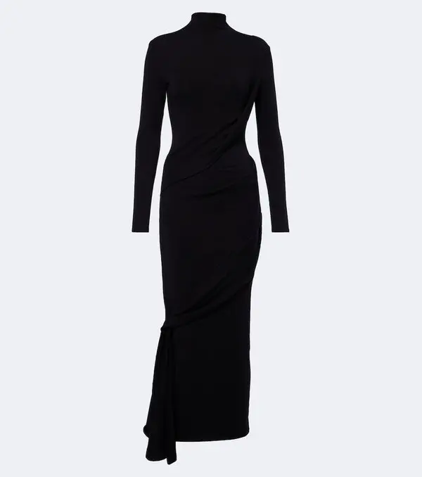 MUGLER Draped Wool-blend Jersey Midi Dress - Black