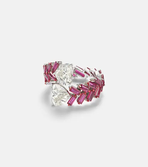 KAMYEN 18kt White Gold Ring With Baguette-cut Rubies And Heart-shaped Diamonds - Silver