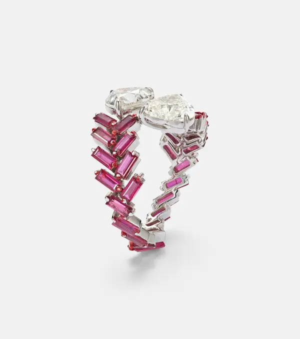 KAMYEN 18kt White Gold Ring With Baguette-cut Rubies And Heart-shaped Diamonds