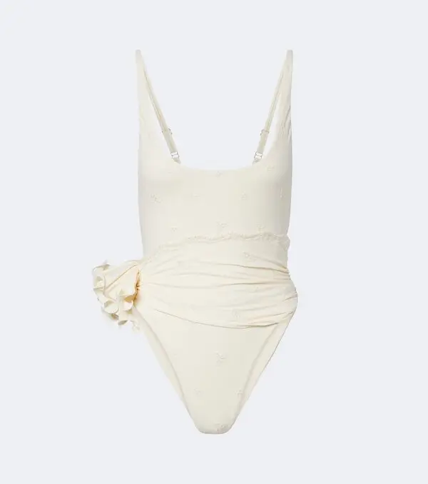 Magda Butrym Embroidered Floral-appliqué Draped Swimsuit - White