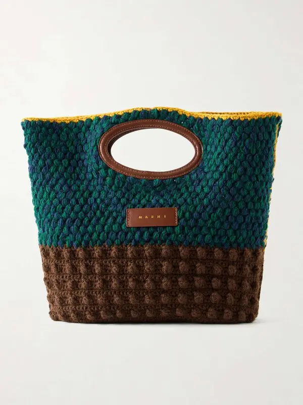 Marni Logo-appliquéd Leather-trimmed Knitted Wool Clutch - Green
