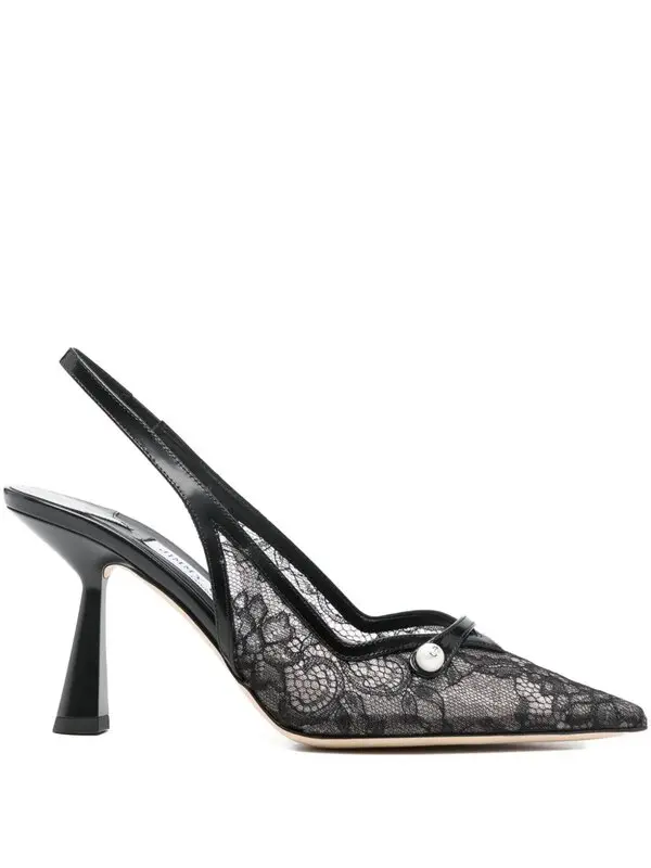 JIMMY CHOO Amita Patent Leather Pumps With Lace Appliqué And Pearl Detail