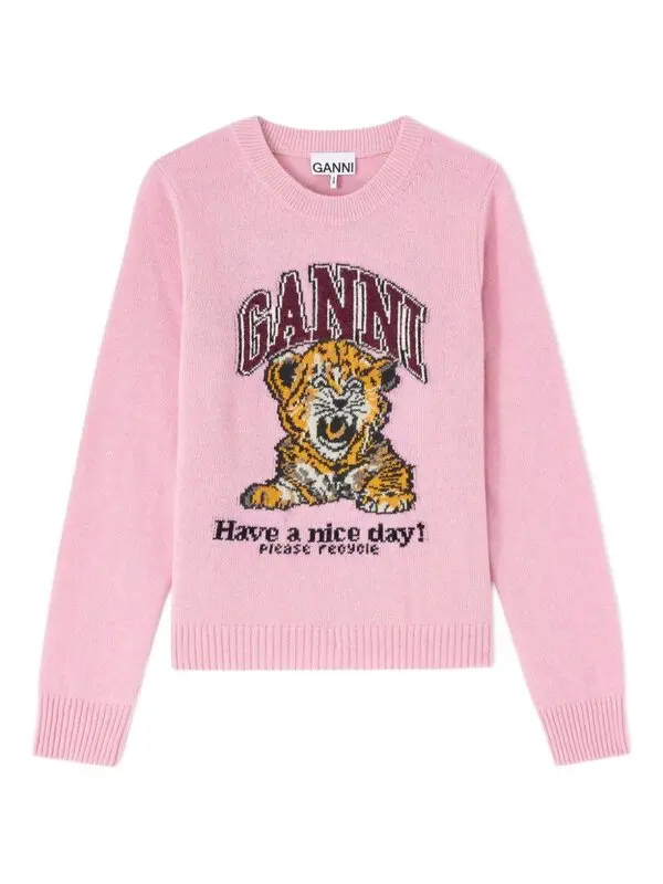 GANNI Graphic Print Wool Crewneck Sweater