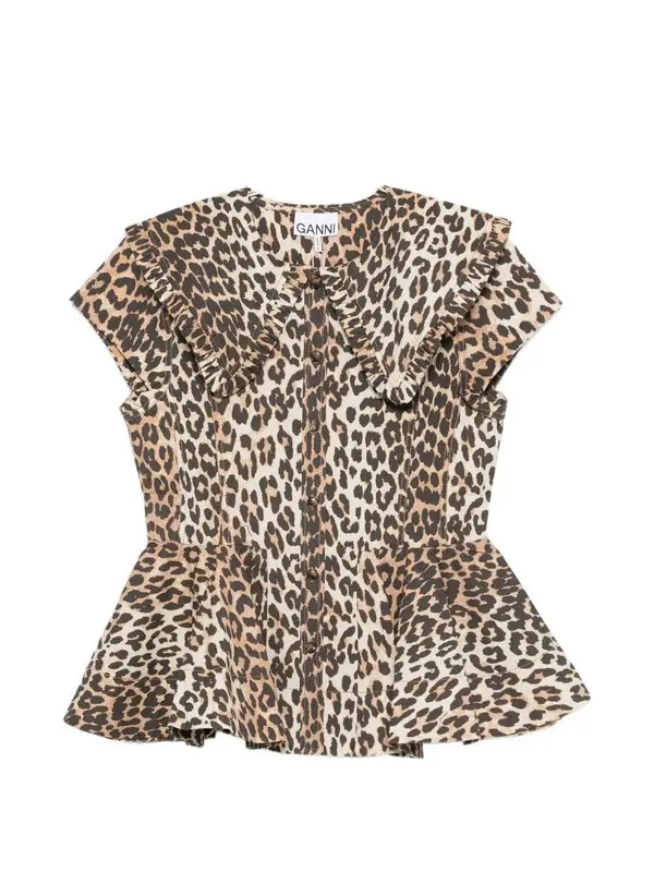 GANNI Brown Leopard Print Ruffle Trim Peplum Shirt - Multi