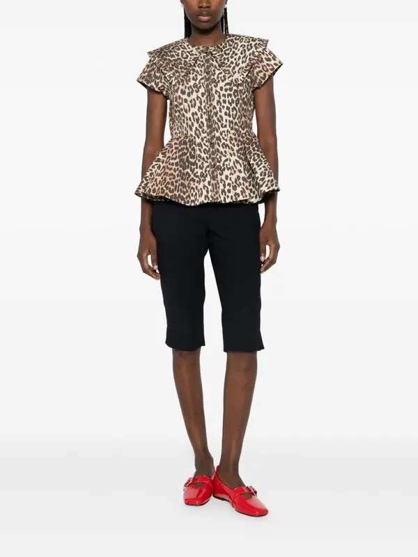 GANNI Brown Leopard Print Ruffle Trim Peplum Shirt - Multi
