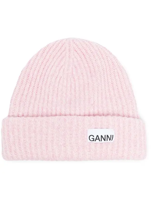GANNI Ribbed Knit Beanie With Logo Patch - Pink
