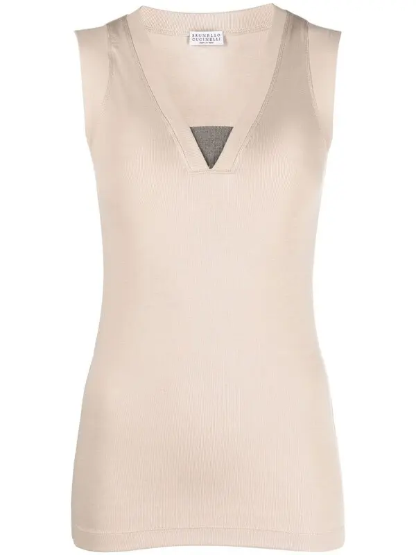 Brunello Cucinelli Sleeveless V-neck Top With Monili Detail - Beige