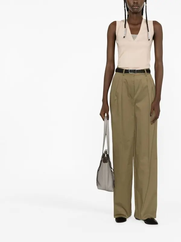 Brunello Cucinelli Sleeveless V-neck Top With Monili Detail - Beige