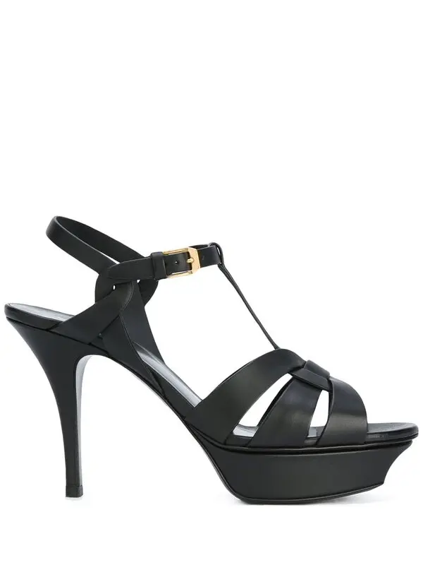 Saint Laurent Tribute Leather Platform Stiletto Sandals - Black