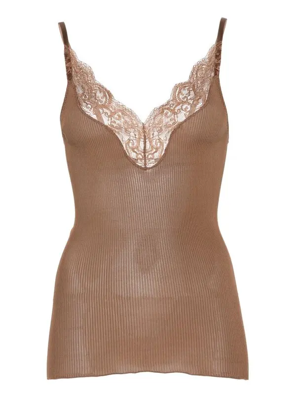 Saint Laurent Lace Trimmed Ribbed Knit V-neck Top