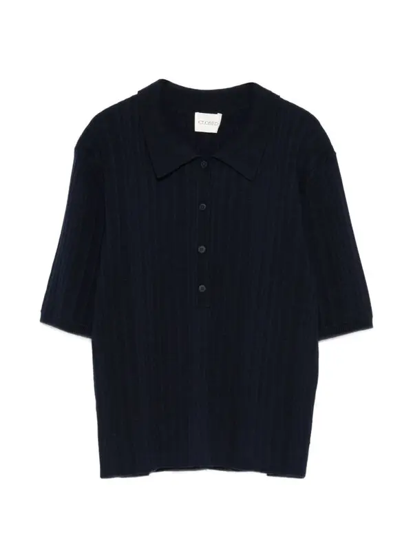 Closed Ribbed Knit Polo Shirt With Button Collar - Blue