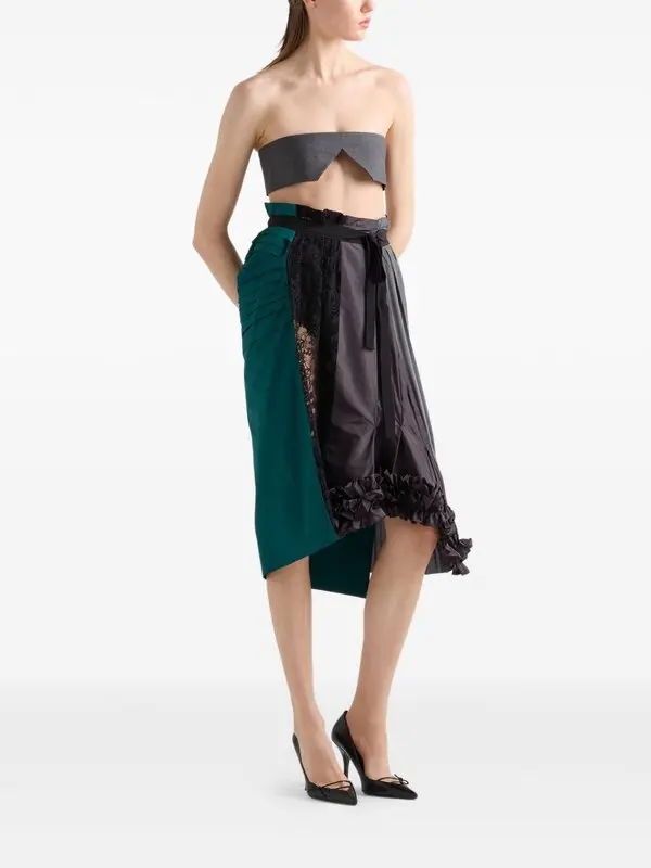 Prada Patchwork Midi Skirt With Ruffle And Belt Detail - Grey