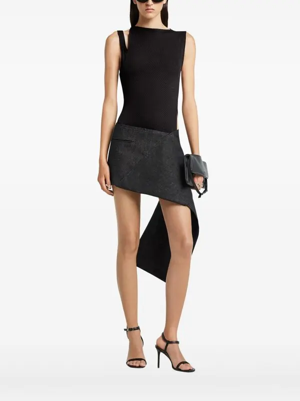 COURREGES 90's Cotton Asymmetrical Neckline Rib Knit Top - Black