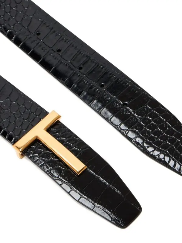 TOM FORD Leather Belt With Gold Tone T Buckle - Black