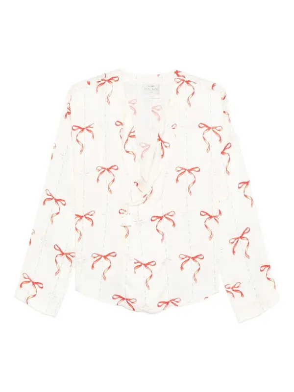 FORTE_FORTE Printed Long Sleeve V-neck Shirt With Tassel Detail