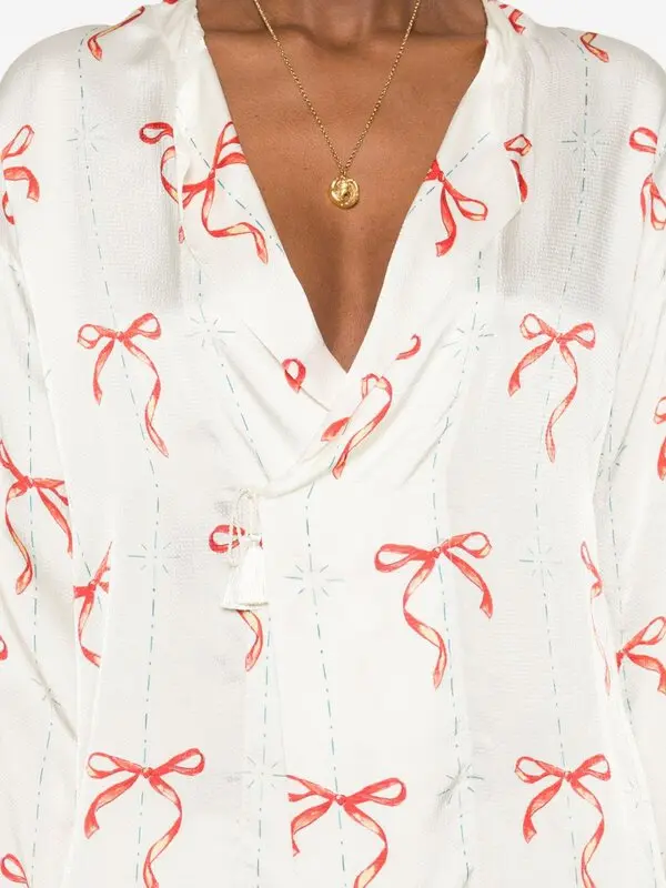 FORTE_FORTE Printed Long Sleeve V-neck Shirt With Tassel Detail