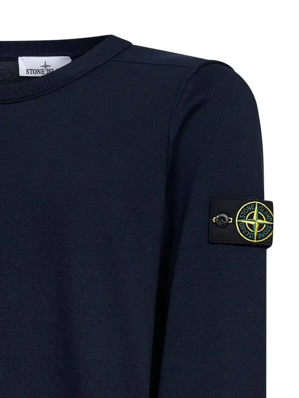 Stone Island Cotton Crewneck Sweater With Sleeve Badge - Blue