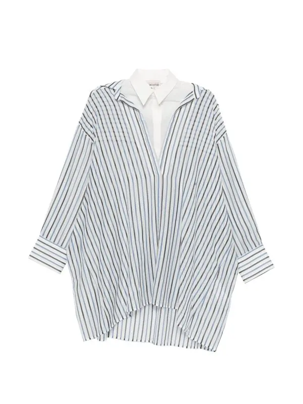SEMICOUTURE Graciana Striped Cotton Shirt With V-neck And Asymmetric Hem