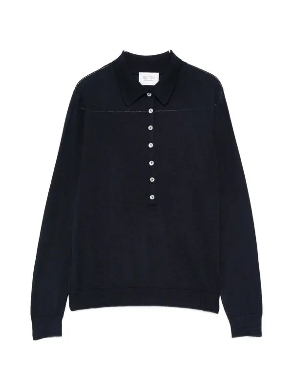 BEYOU Cashmere And Silk Long Sleeve Polo Sweater - Blue
