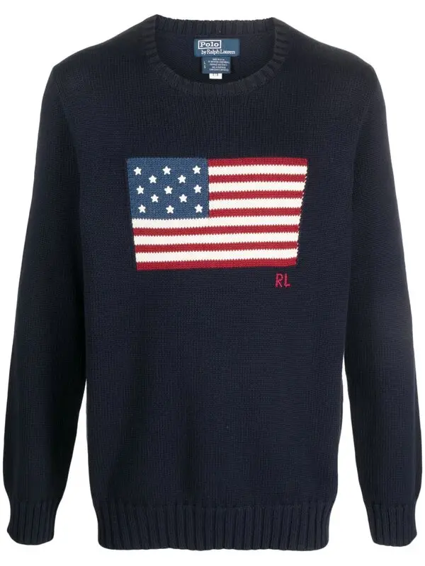Polo Ralph Lauren Navy Cotton Sweater With American Flag Motif