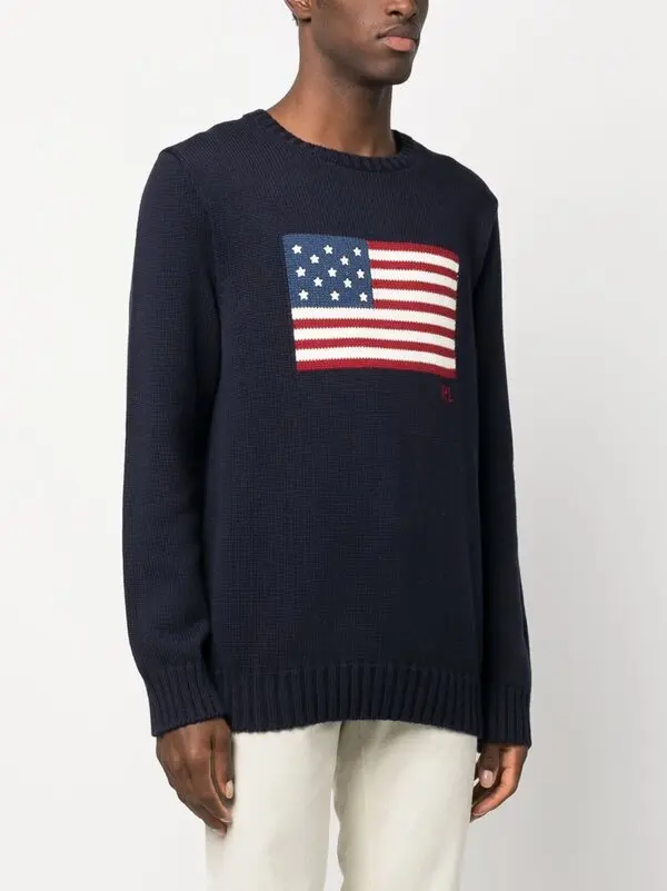 Polo Ralph Lauren Navy Cotton Sweater With American Flag Motif