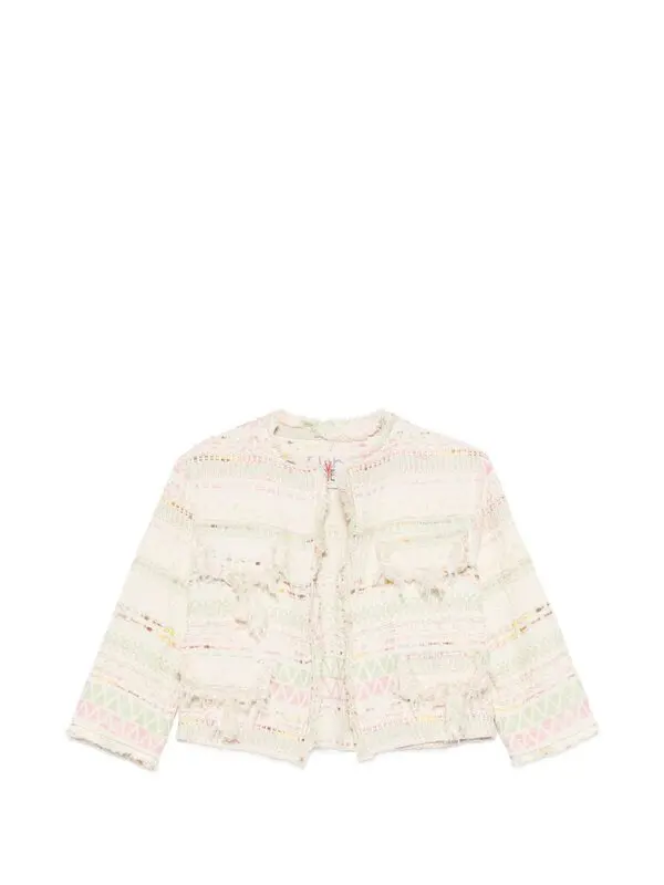 BYE Cotton Blend Short Jacket With Geometric Pattern And Frayed Detailing